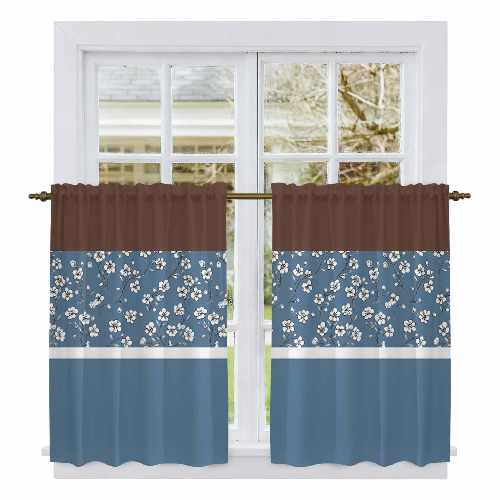 Blue Brown Flowers Kitchen Curtains, Classic Botanical Art Elegant ...