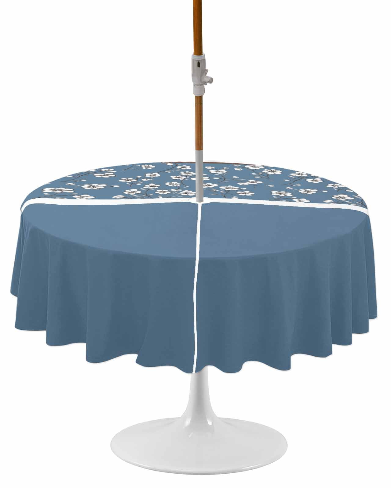 Blue Brown Flowers Round Outdoor Tablecloth, Waterproof Table Cloth ...