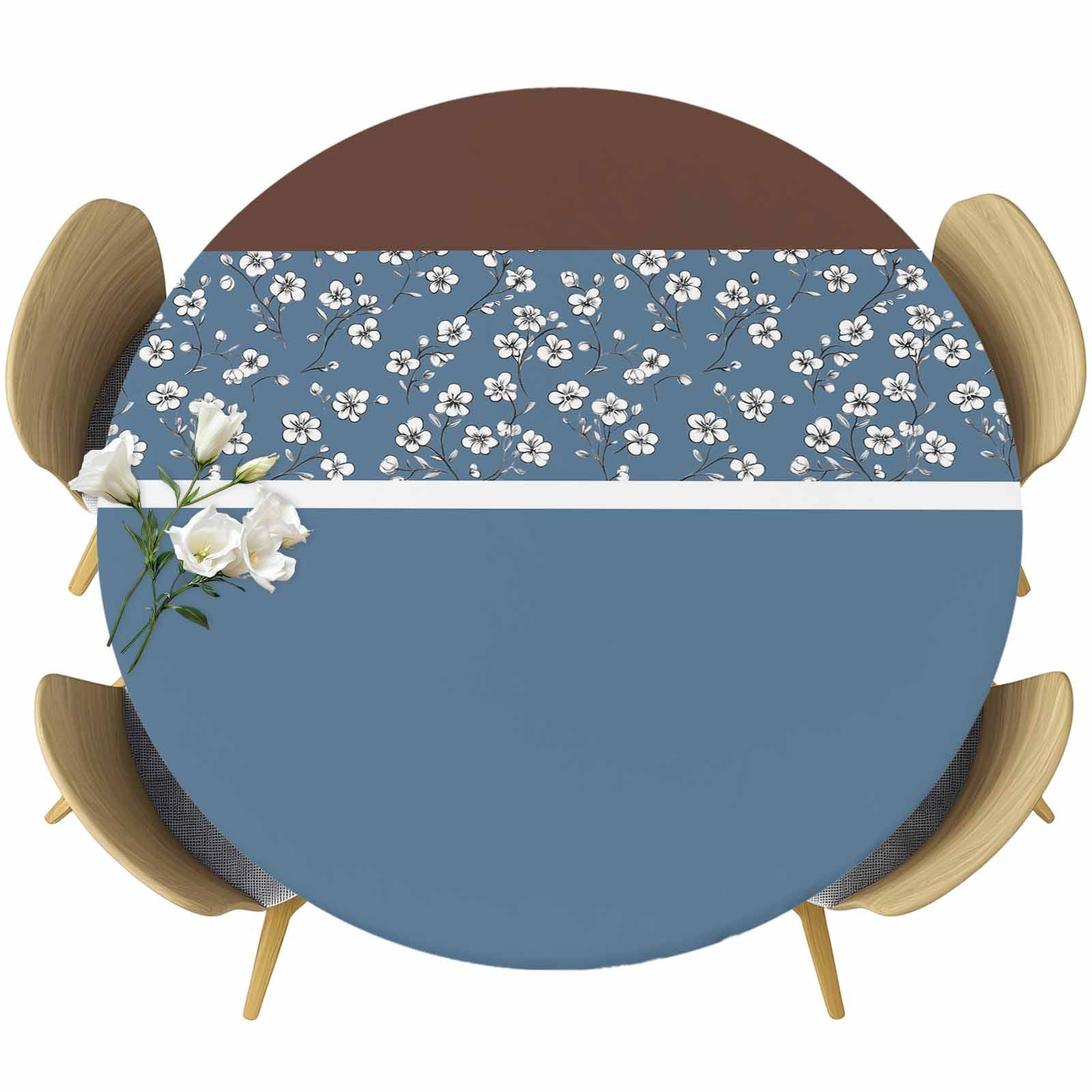 Blue Brown Flowers Table Cloth, Round Fitted Tablecloths with Elastic ...