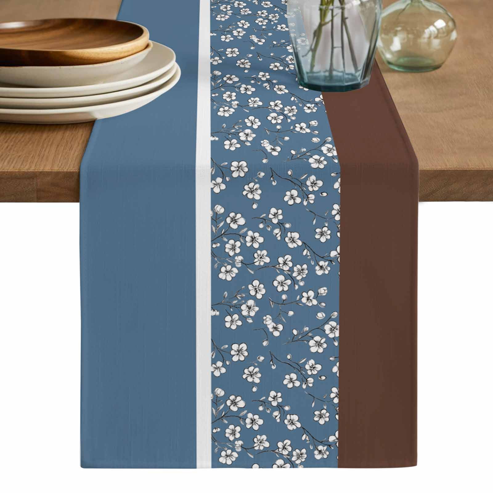 Blue Brown Flowers Table Runner, Classic Botanical Art Elegant Washable ...