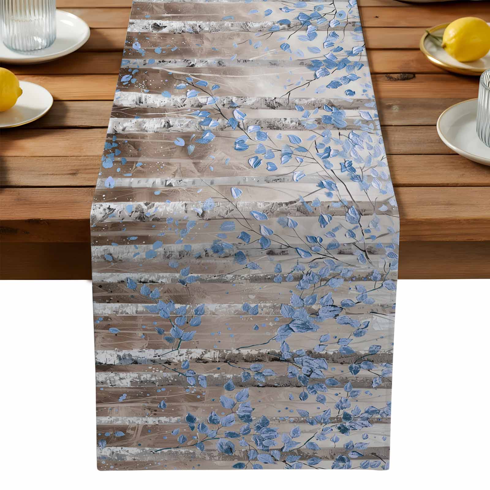 Blue Brown Forest Cotton Linen Table Runner for Dining Kitchen, Modern ...