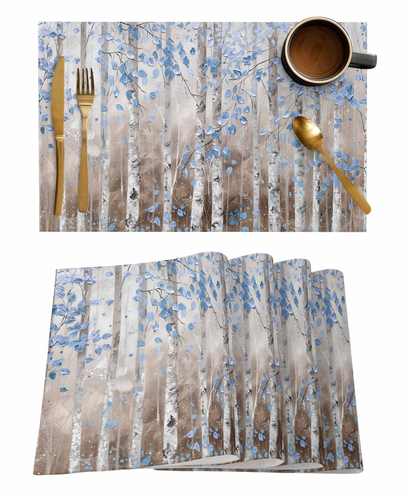 Blue Brown Forest Placemats Set of 4, Modern Oil Painting Art Placemats ...