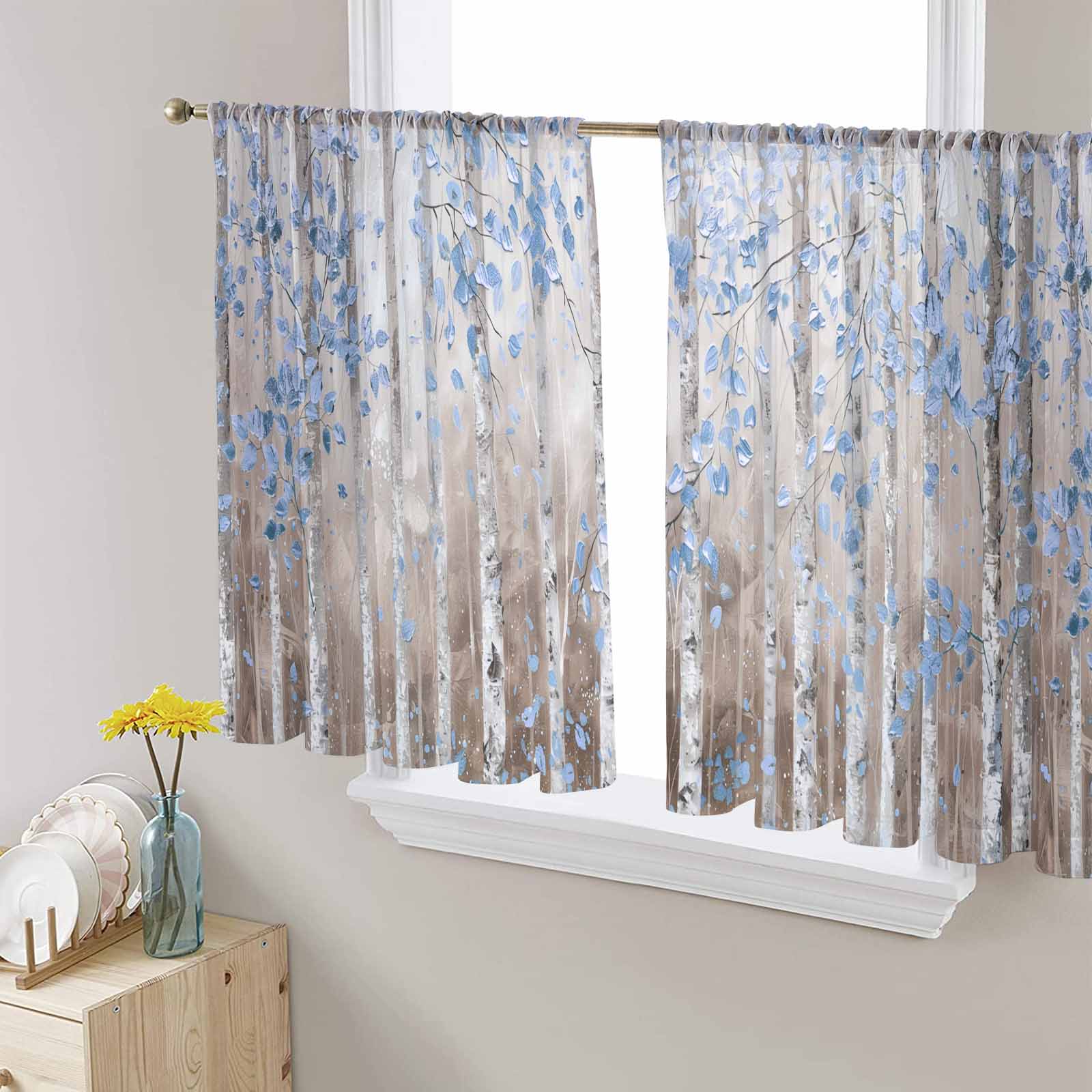 Blue Brown Forest Sheer Curtains 45 Inch Length 2 Panels Set for Living ...