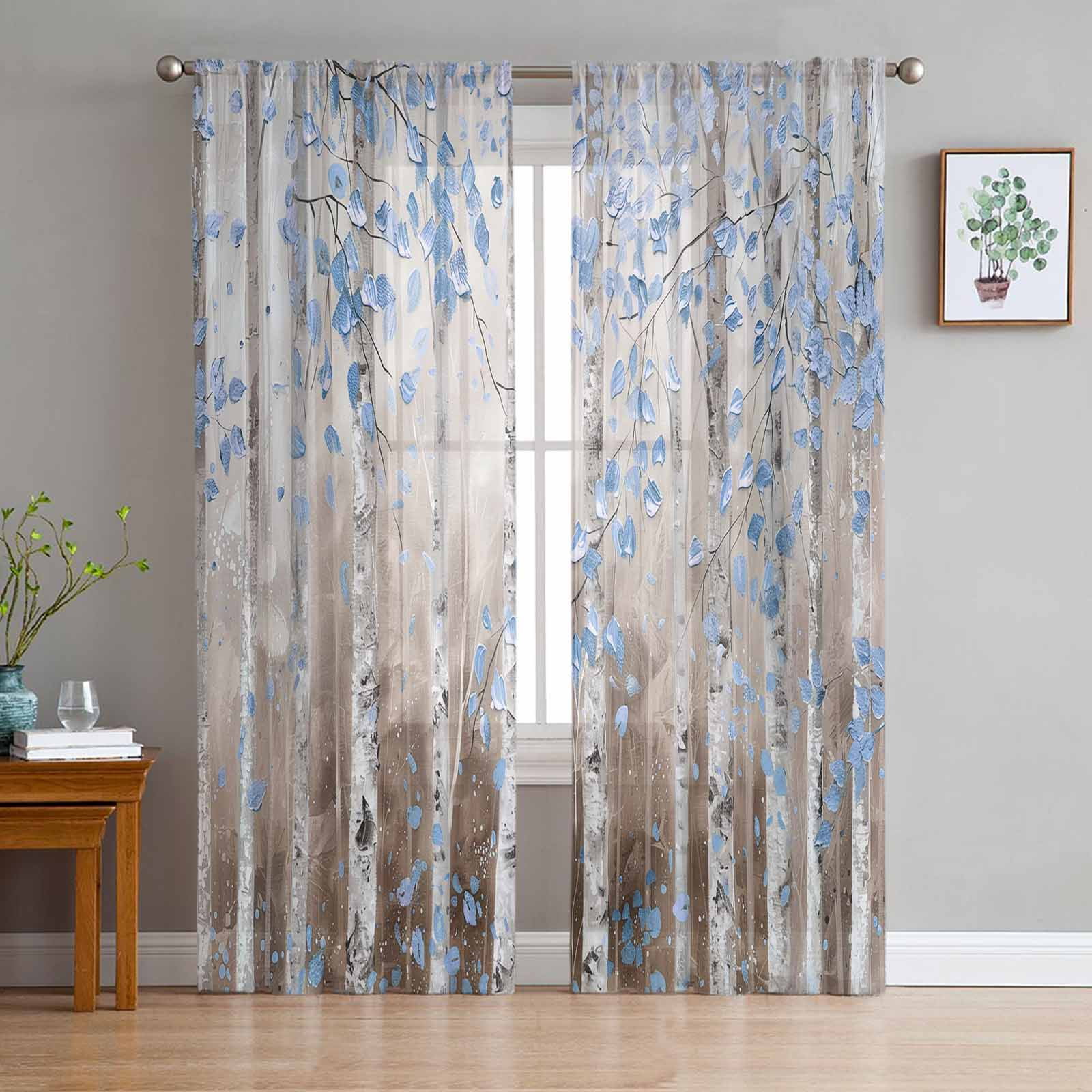 Blue Brown Forest Sheer Curtains 96 Inch Length 2 Panels Set for Living ...