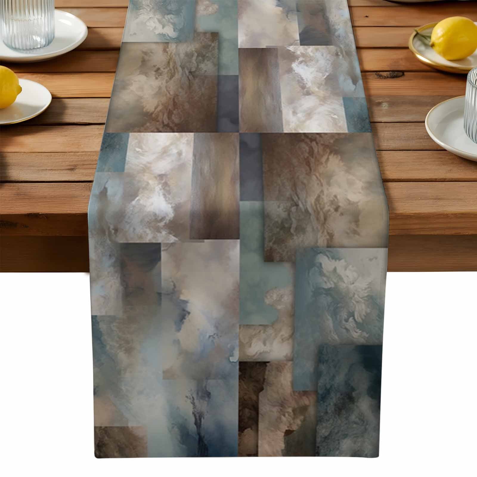 Blue Brown Geometric Cotton Linen Table Runner for Dining Kitchen ...