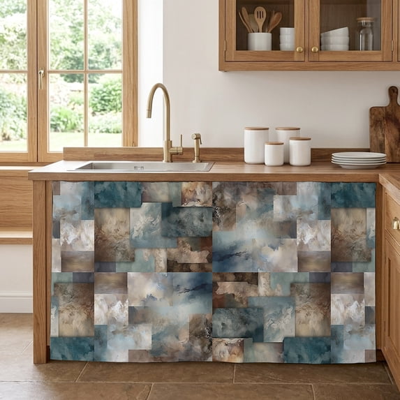 Blue Brown Geometric Pantry Cabinet Curtains 28''x51'', Modern Ombre ...