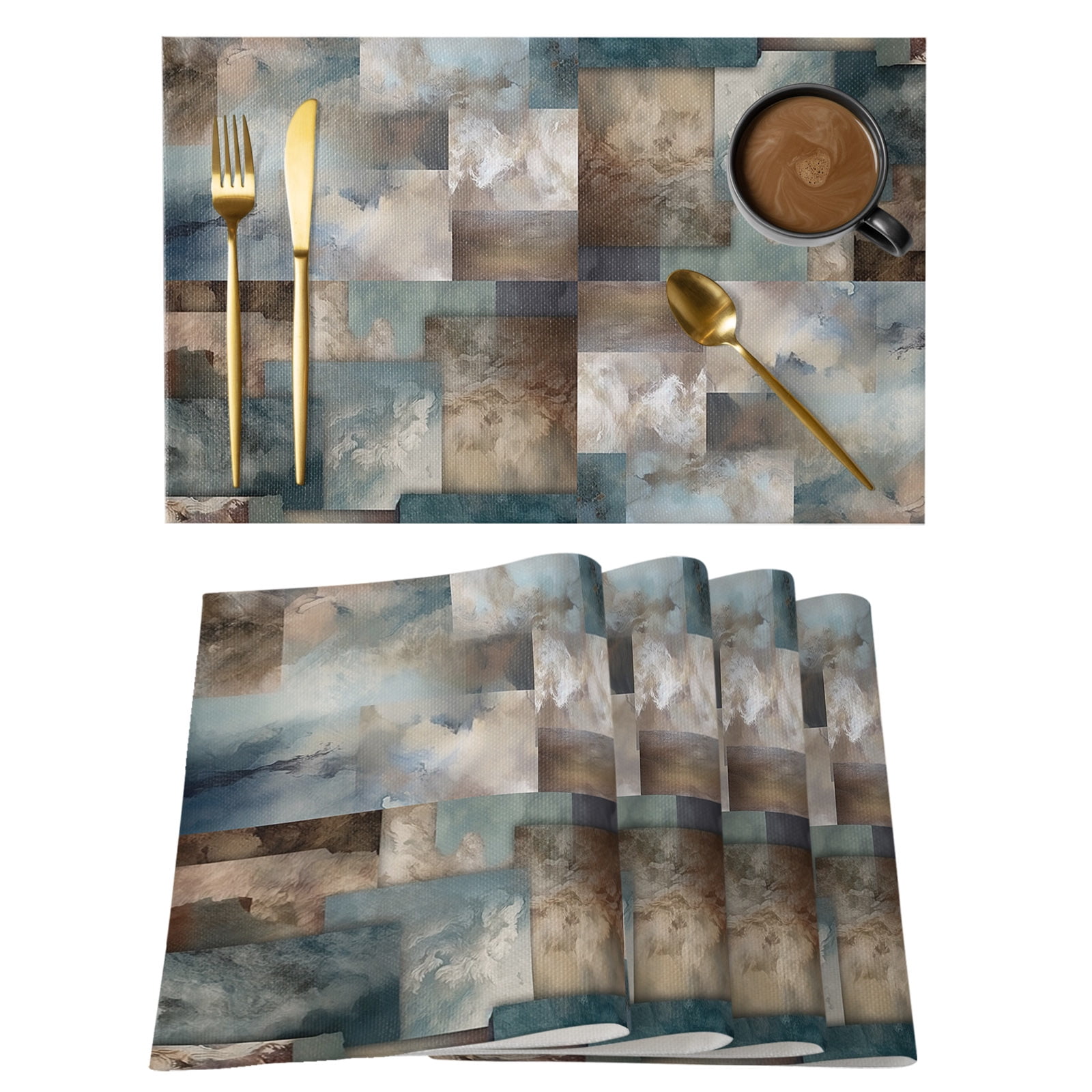 Blue Brown Geometric Placemats Set of 12, Cotton Linen Fabric Place ...