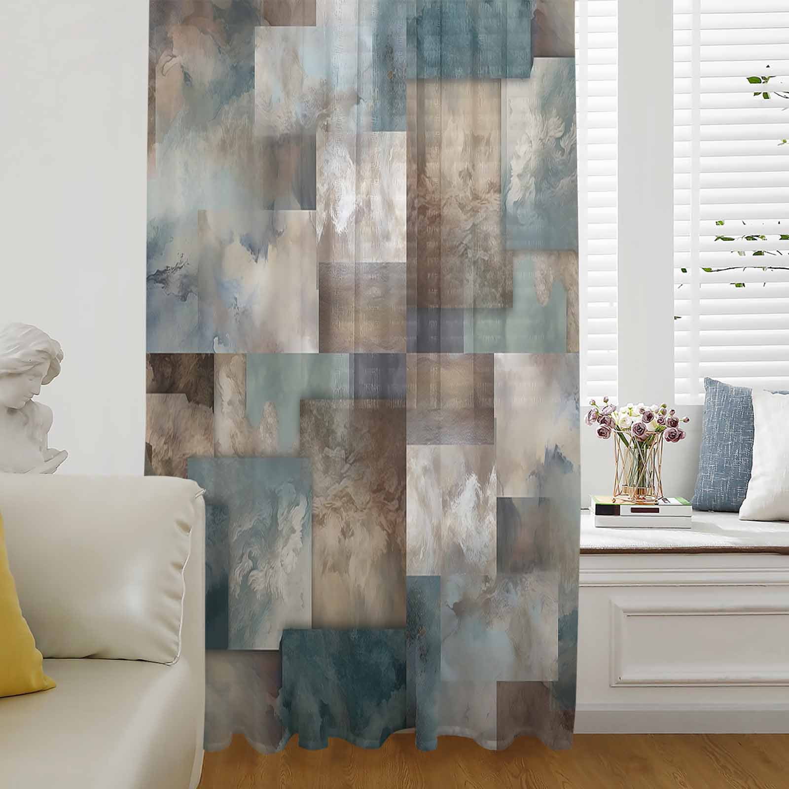 Blue Brown Geometric Sheer Curtains 45 Inch Length, Light Filtering ...