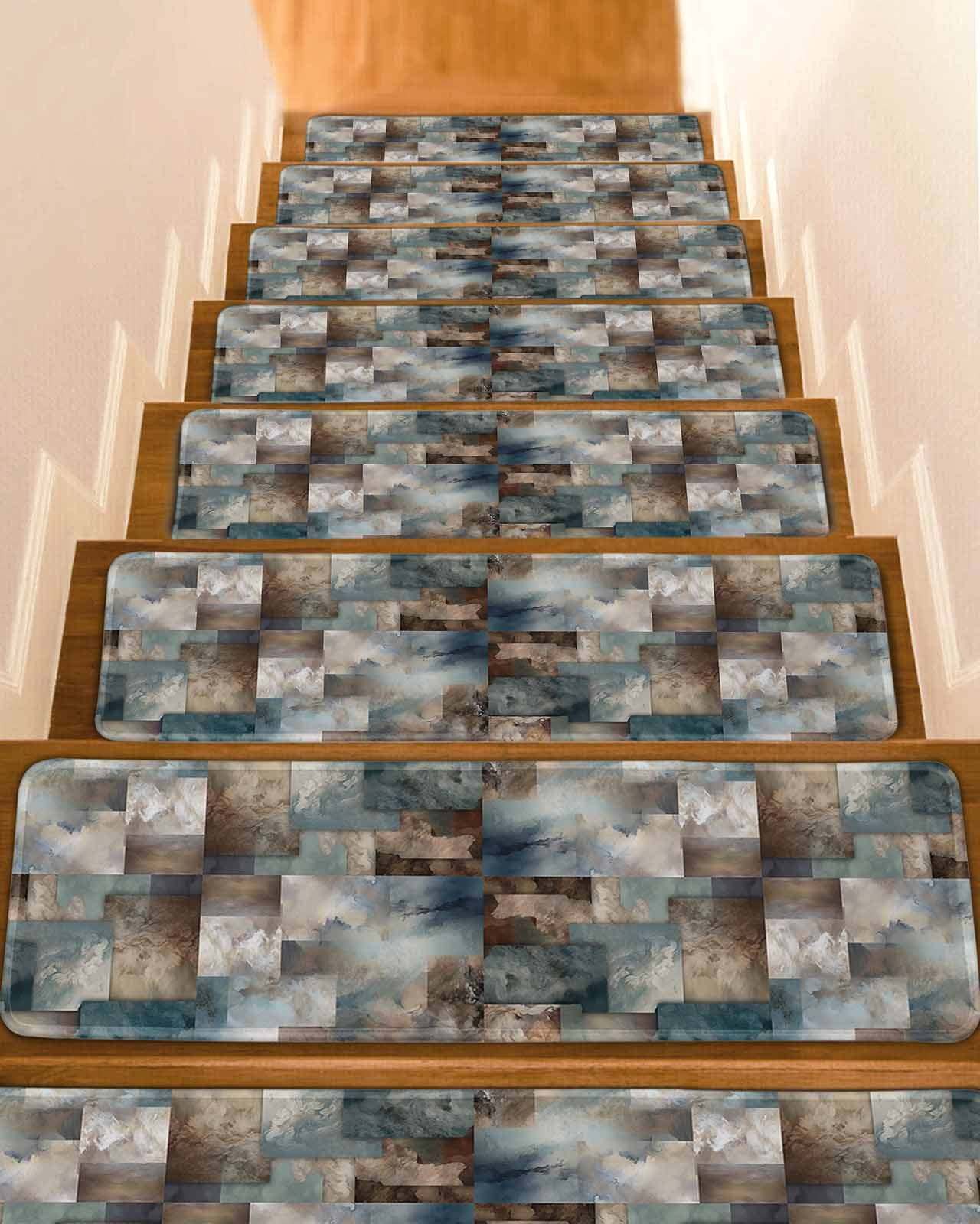 Blue Brown Geometric Stair Treads for Wooden Steps Indoor Runner Rug ...