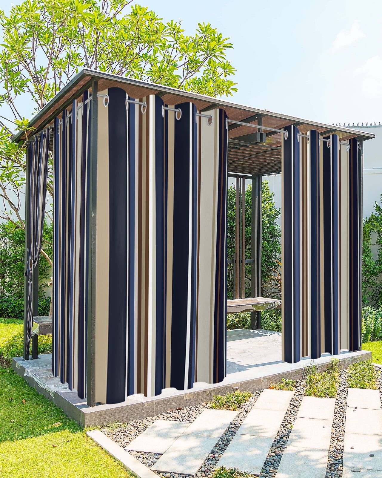 Blue and Brown Geometric Stripe Pattern Outdoor Curtains for Patio ...