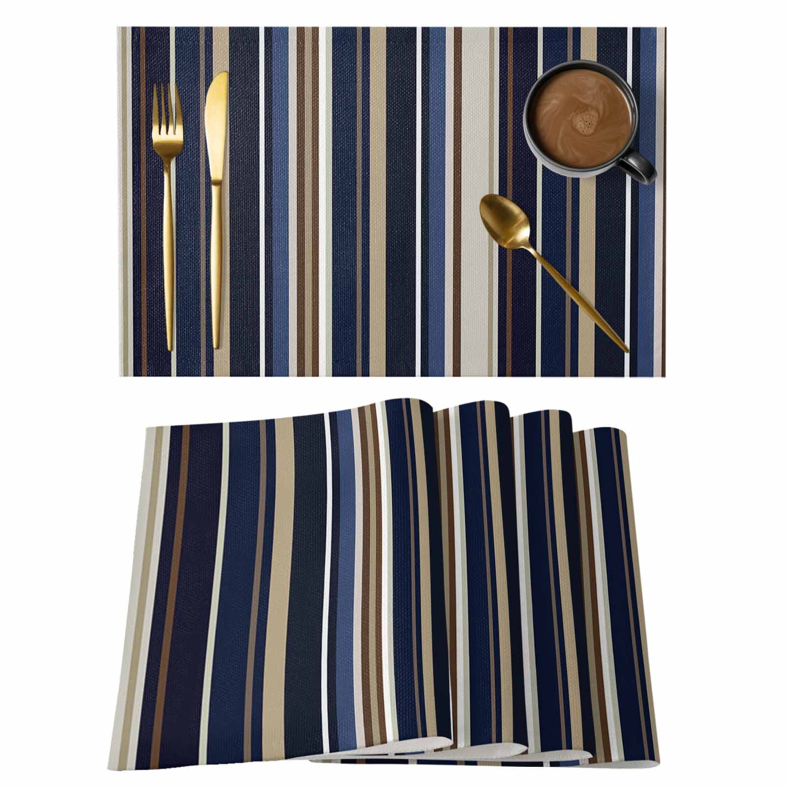 Blue and Brown Geometric Stripe Pattern Placemats Set of 12, Cotton ...