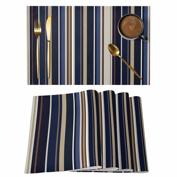 Blue and Brown Geometric Stripe Pattern Placemats Set of 12, Cotton ...