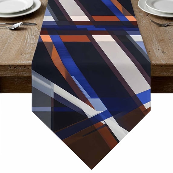 Blue Brown Geometric Table Runner Linen Burlap Table Runner 48 Inches ...