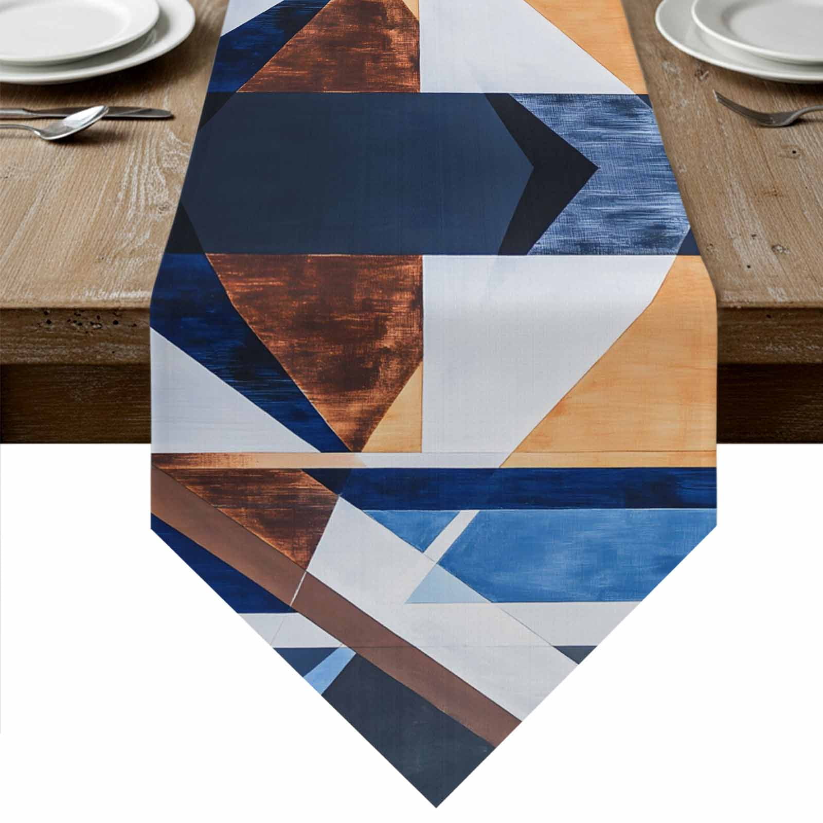 Blue Brown Geometric Table Runner Linen Burlap Table Runner 72 Inches ...