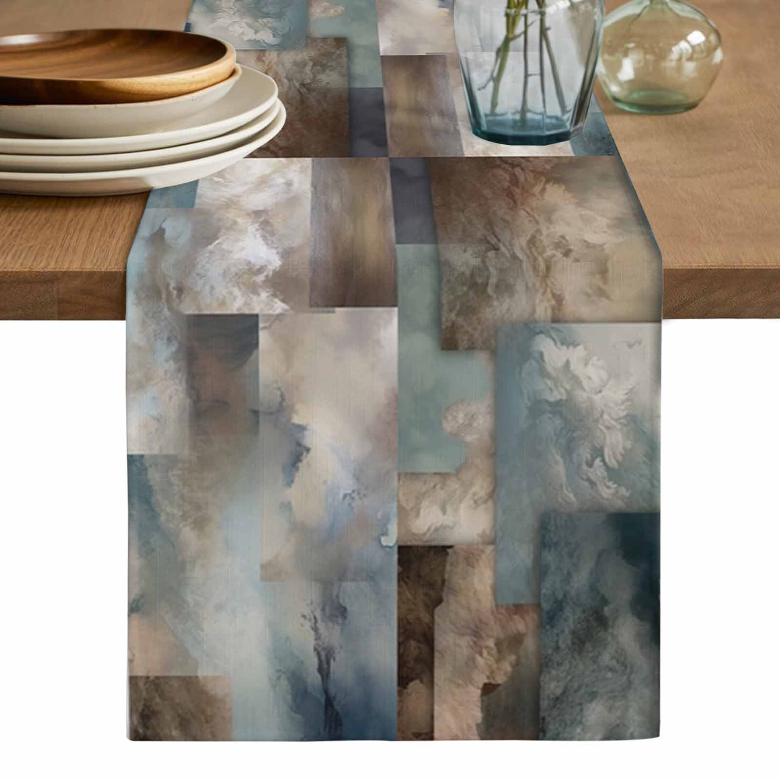 Blue Brown Geometric Table Runner, Modern Ombre Abstract Art Washable ...