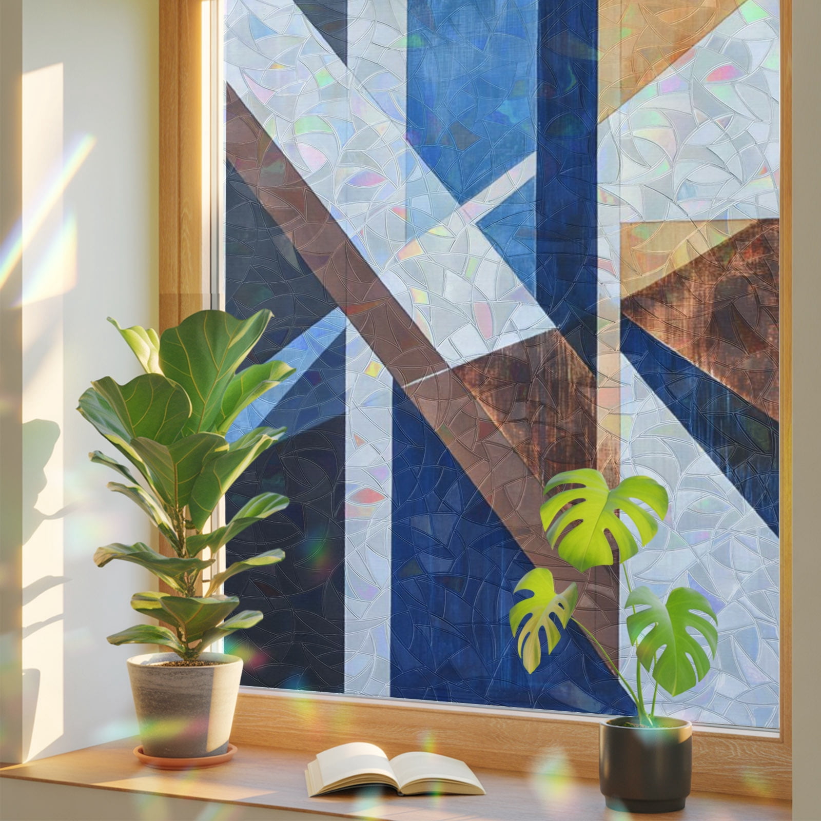 Blue Brown Geometric Window Privacy Film Rainbow Static Cling Stain ...