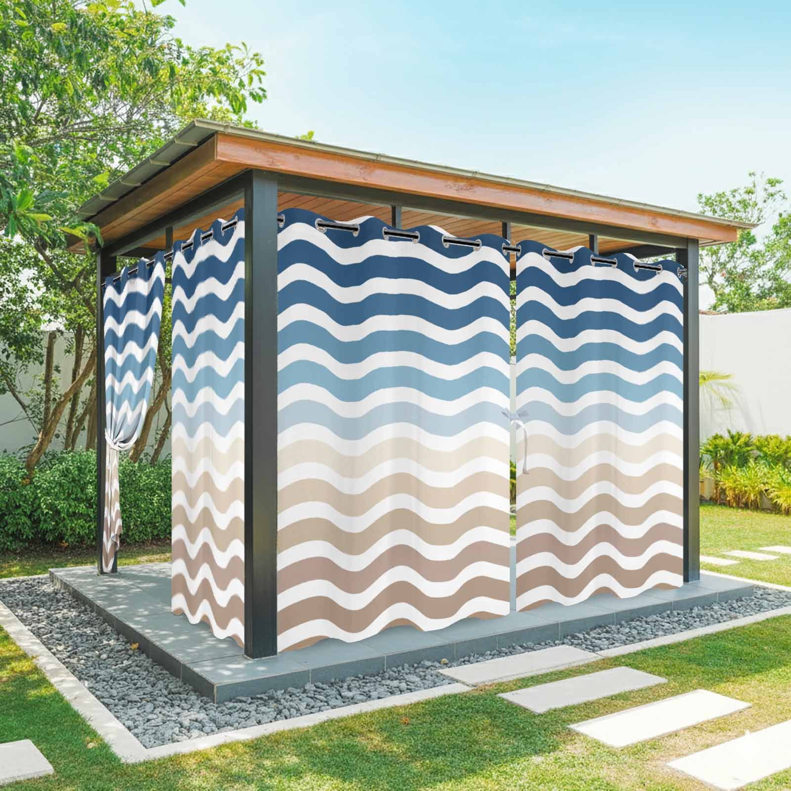 Blue Brown Gradient Outdoor Curtains for Patio Waterproof, Water Ripple ...