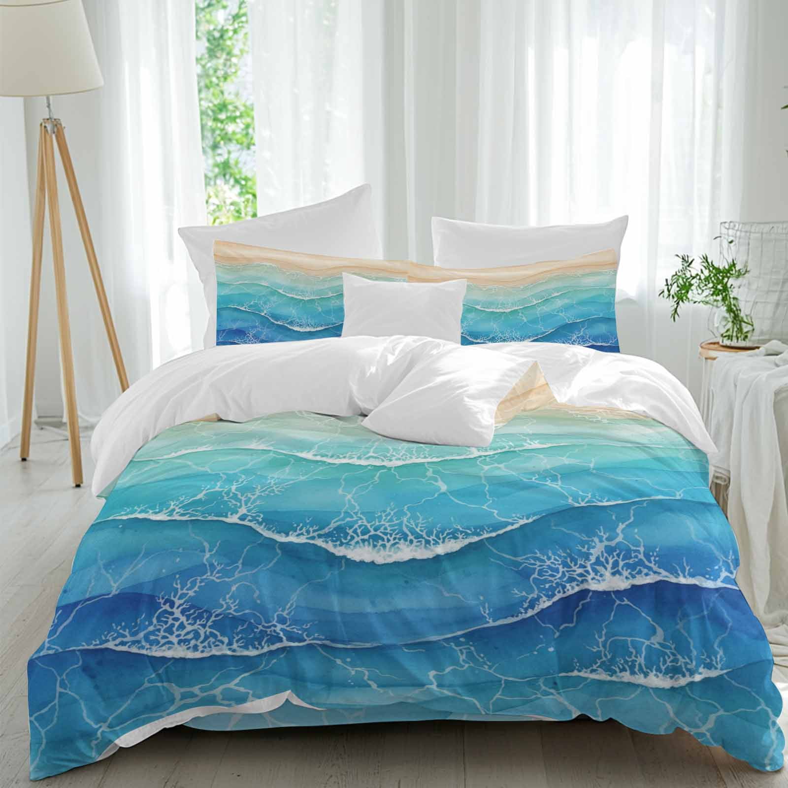 Blue Brown Gradual Wave California King Size Bed Set,Abstract Geometric ...