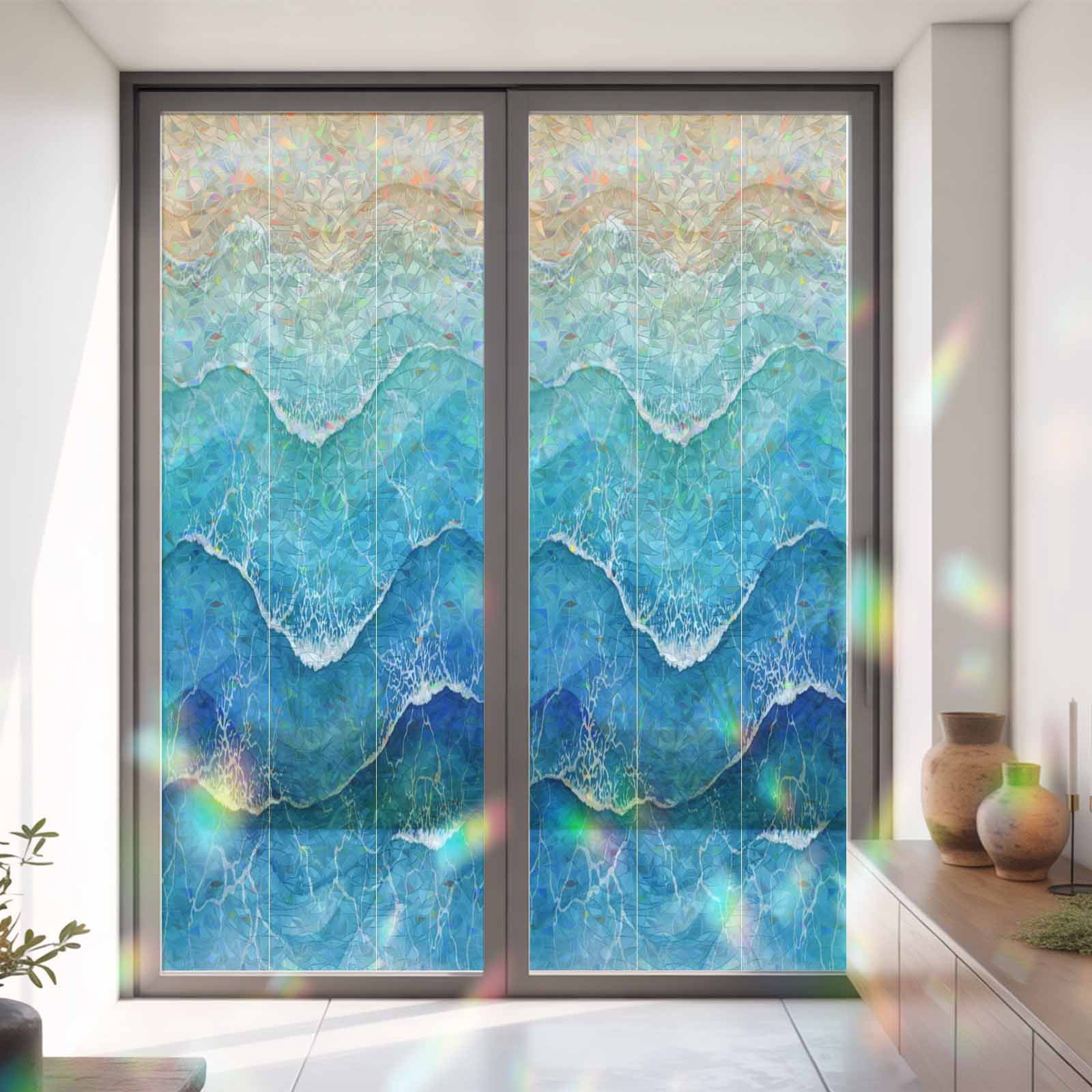 Blue Brown Gradual Wave Window Privacy Film, Rainbow Film Decorative ...