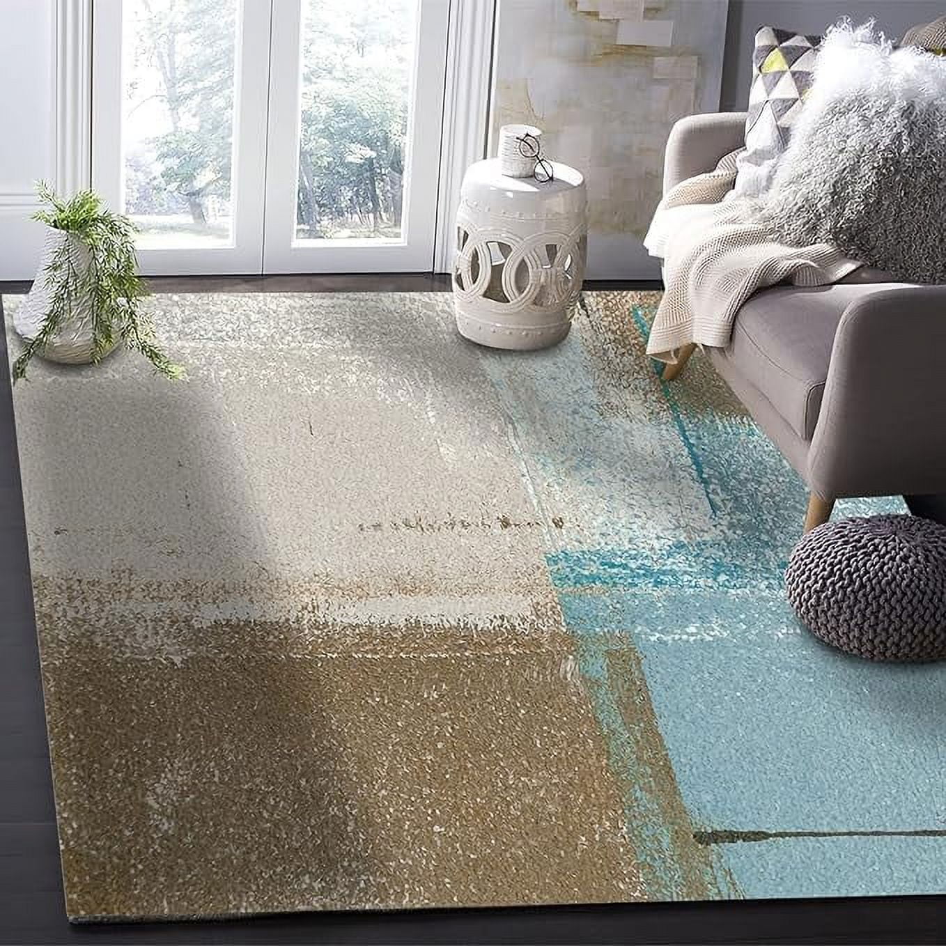 Blue Brown Gray Area Rug, Modern Geometric Oil Painting Rugs Floor ...