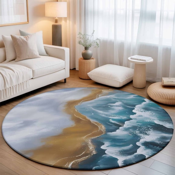 Blue Brown Gray Graduality Waves Round Rug 5ft Abstract Art Washable ...