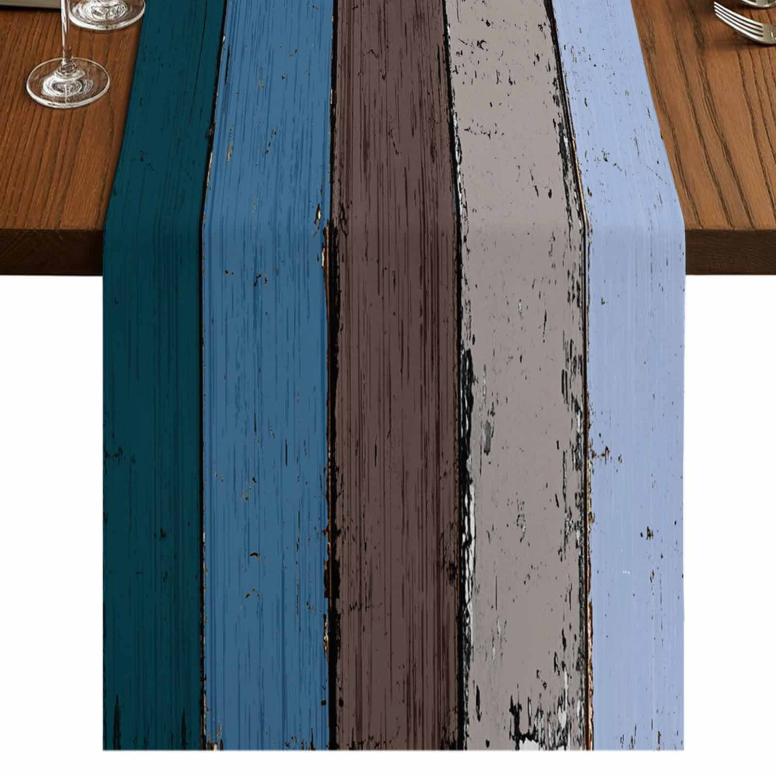 Blue Brown Grey 72 Inch Table Runner, Vintage Stripe Farmhouse Wood ...