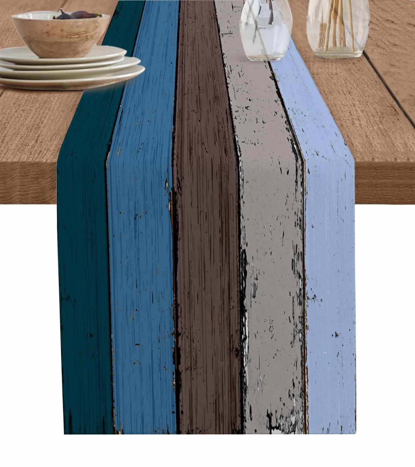 Blue Brown Grey Burlap Cotton Table Runner 13x120 Inches Long, Vintage ...