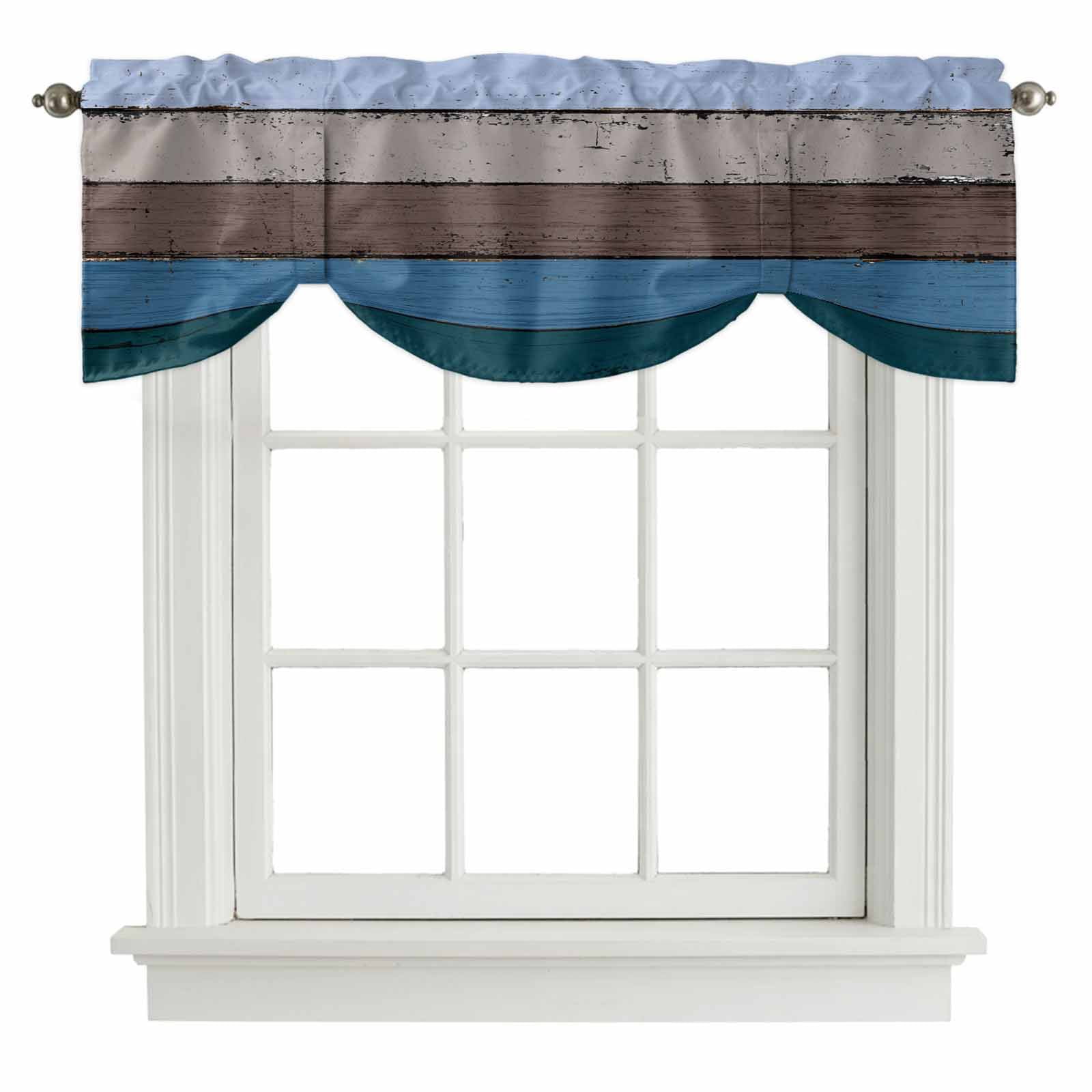 Blue Brown Grey Tie Up Valance Curtains for Windows, Kitchen Curtains ...