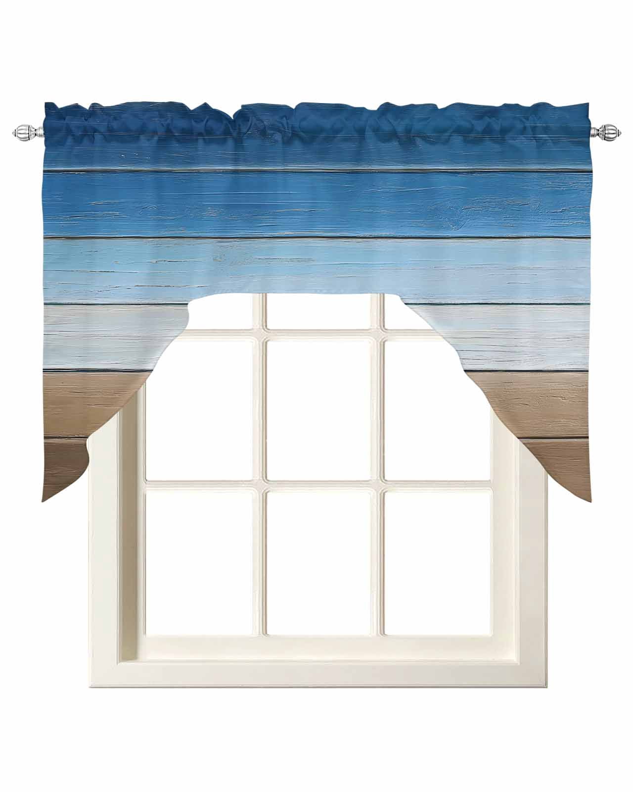 Blue Brown Kitchen Swag Valance for Window, Rod Pocket Short Kitchen ...