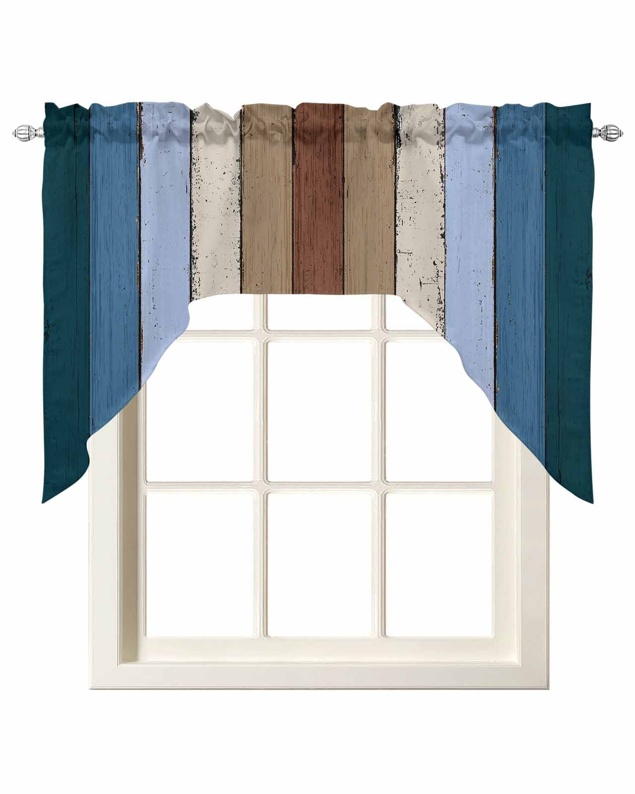 Blue Brown Kitchen Swag Valances for Windows, Farmhouse Wood Grain ...