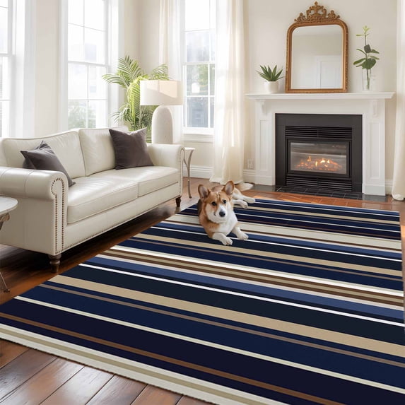 Blue Brown Large Area Rugs 8x10 ft Stripes Washable Rug Non Slip Indoor Carpet Absorbent Floor ...