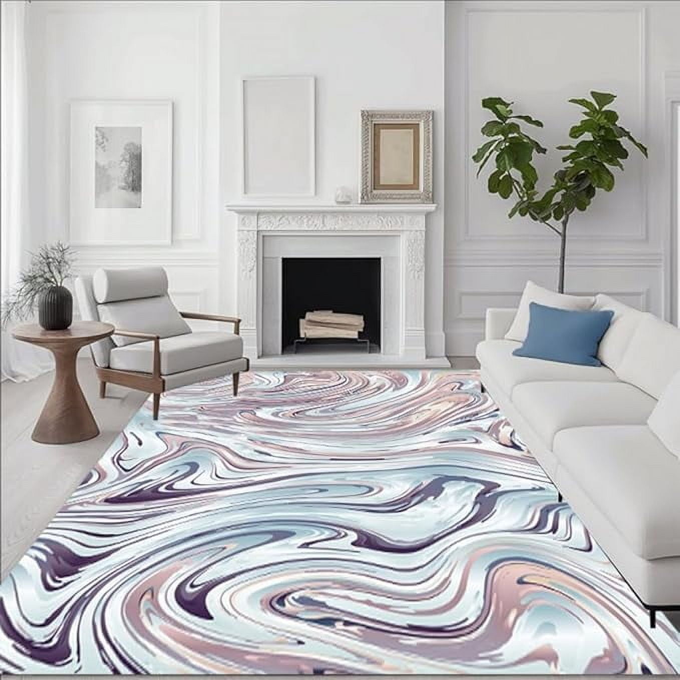 Blue Brown Marble Striped Modern Abstract Soft Fuzzy Area Rug Machine ...