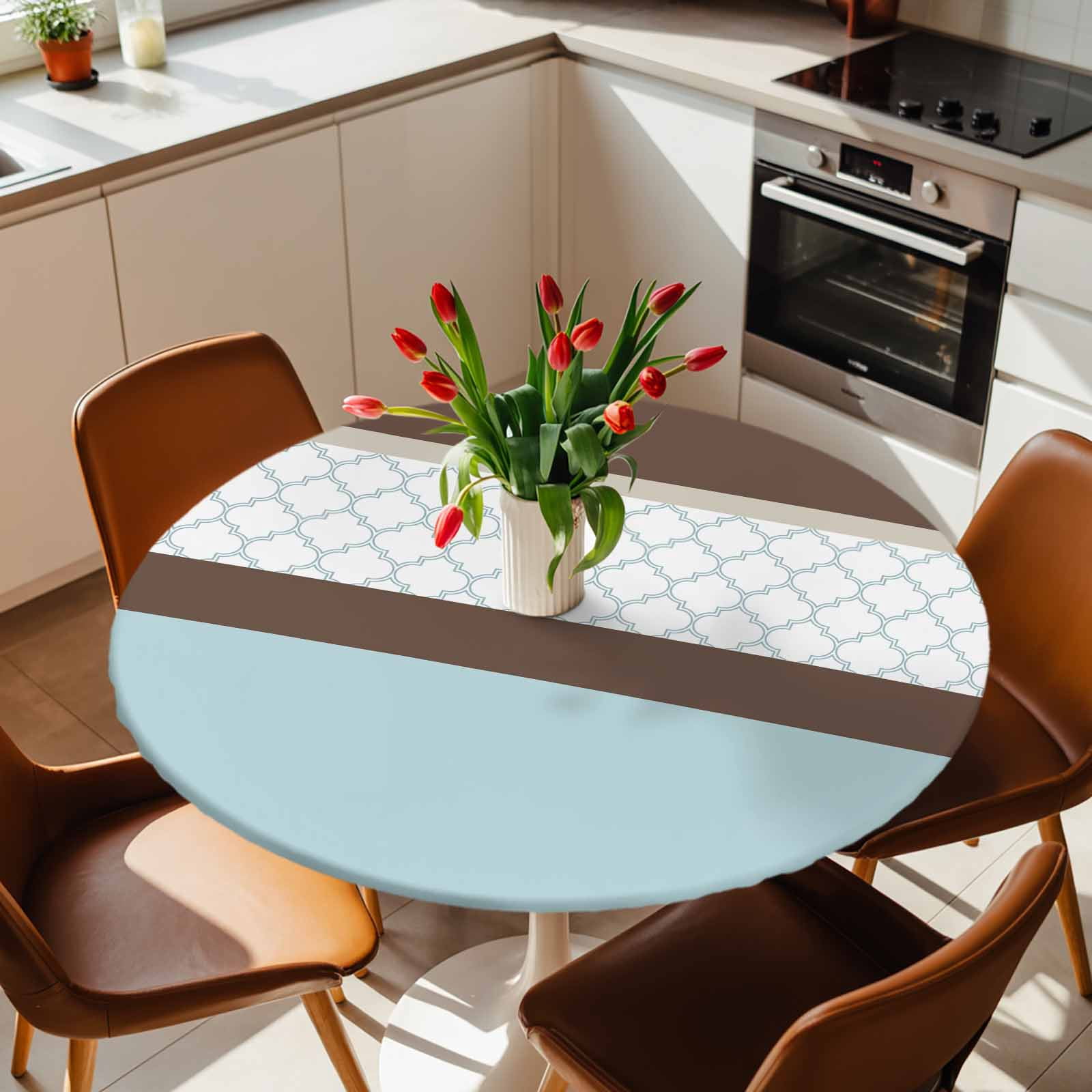Blue Brown Moroccan Trellis Round Fitted Tablecloth with Elastic Edge ...