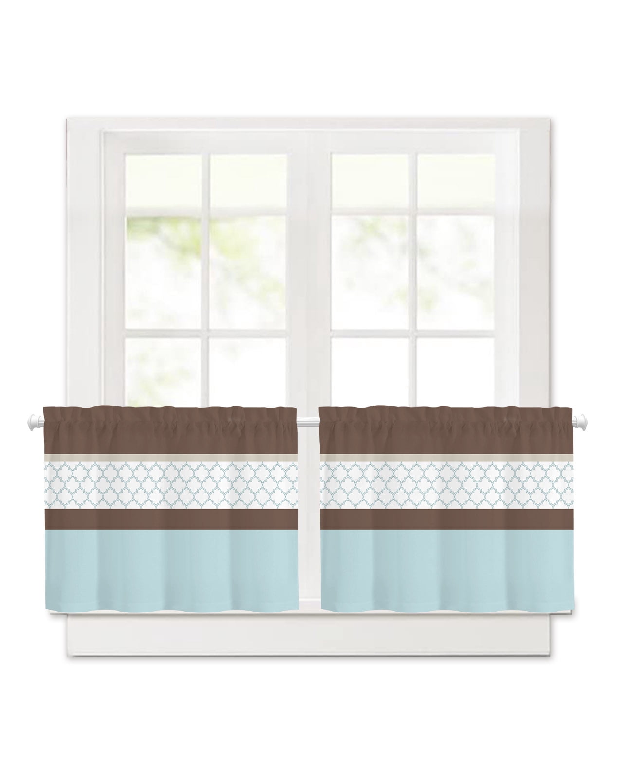 Blue Brown Moroccan Trellis Short Blackout Curtains 24 Inch Long,Modern ...