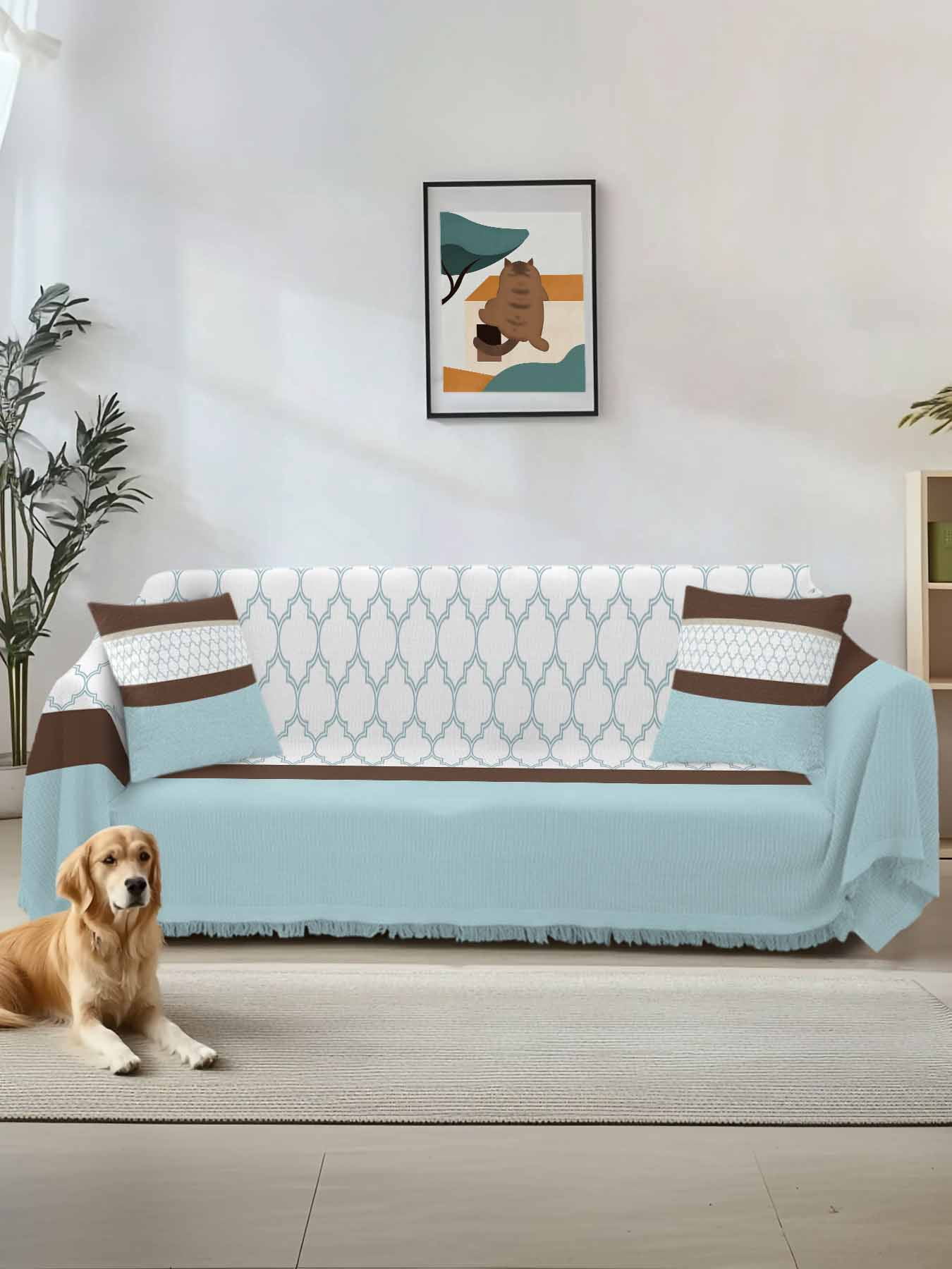 Blue Brown Morocco Couch Cover for 2 Cushion Couch, Geometric Stripes ...