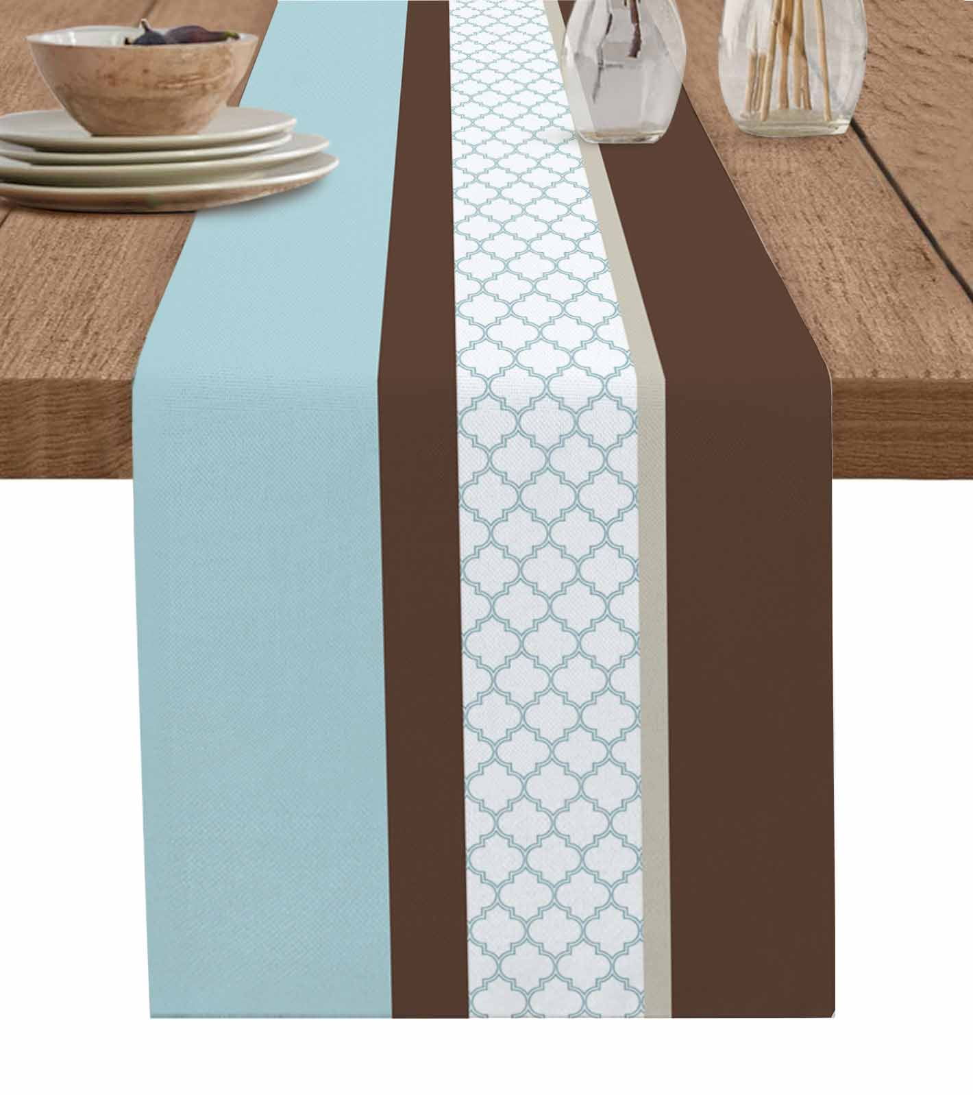 Blue Brown Morocco Table Runner 120 Inches, Geometric Stripes Auqa ...