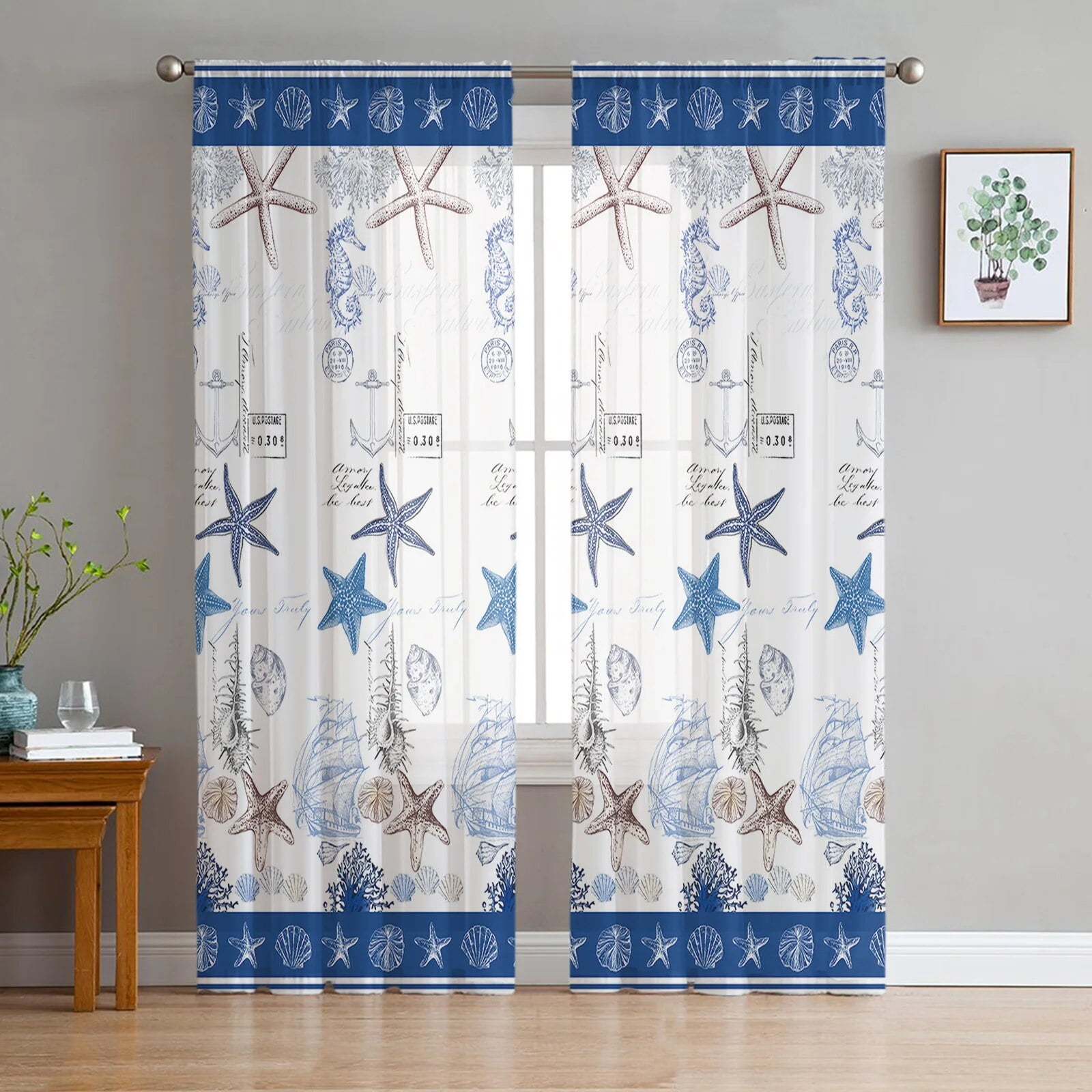 Blue Brown Ocean Star Coral Vessel Tulle Voile Curtains For Bedroom ...