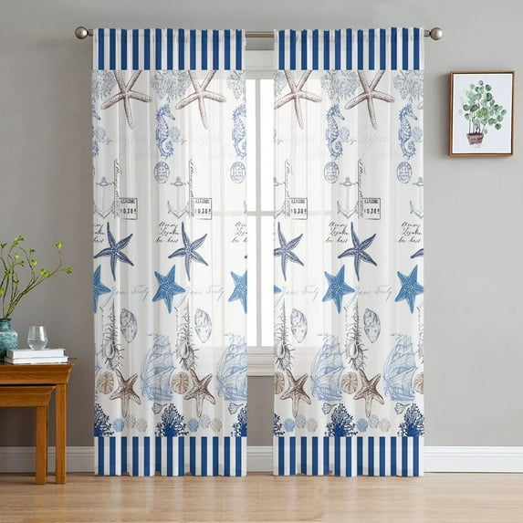 Blue-Brown Ocean Star Shell Tulle Voile Curtains For Bedroom Window ...