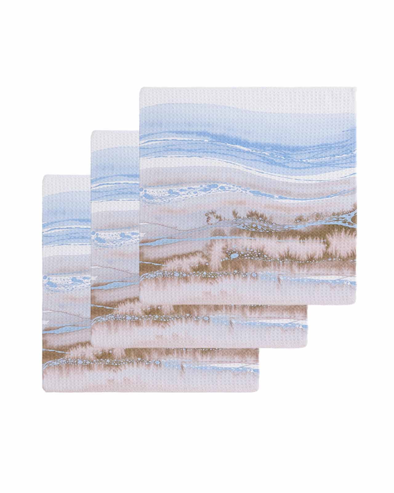 Blue Brown Ombre Kitchen Dish Towels for Drying Dishes Set of 3, Abstract Modern Art Fluid ...