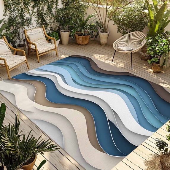 Blue Brown Outdoor Rug, Gradient Water Ripple Abstract Wave Stripe ...
