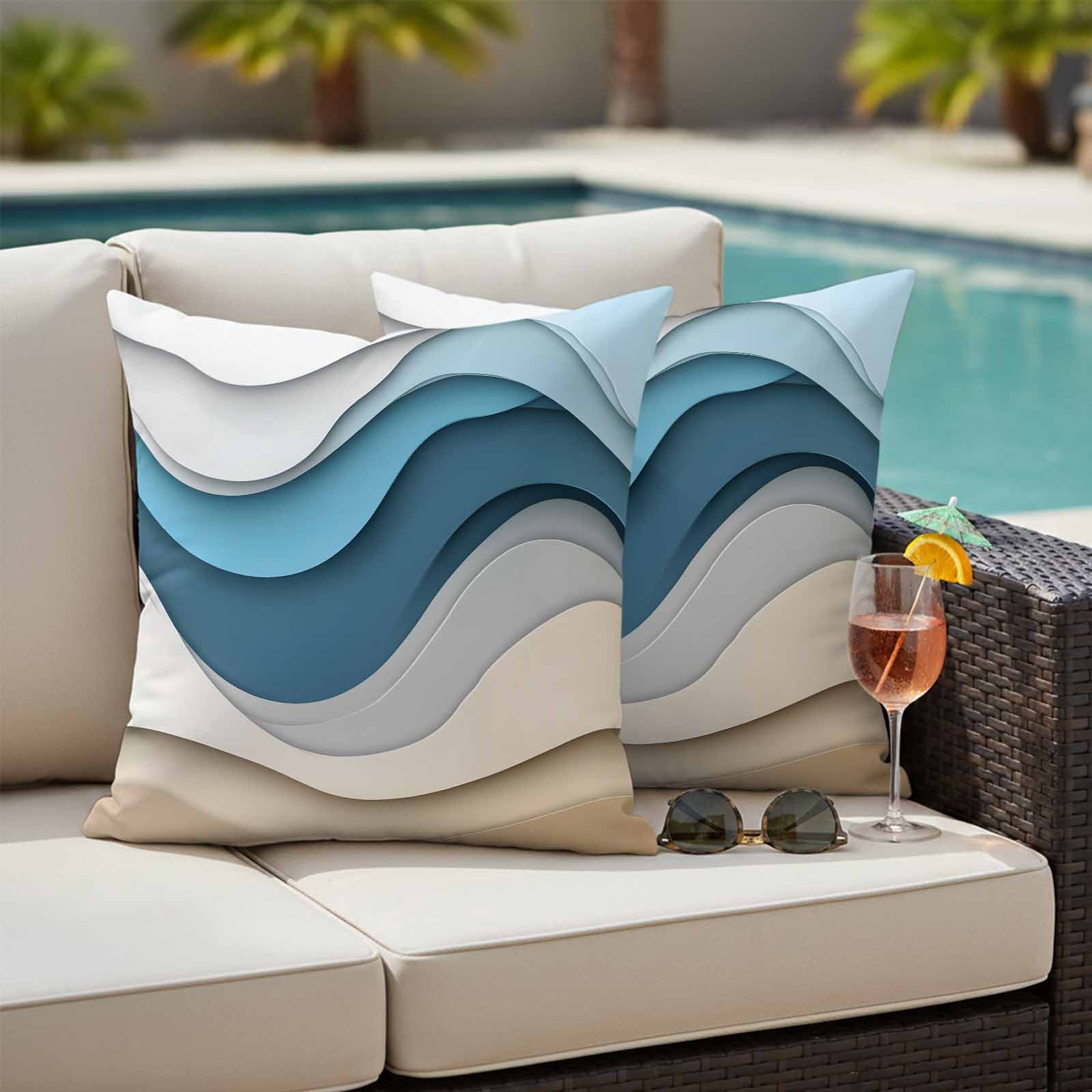 Blue Brown Outdoor Throw Pillow Covers Set of 2, Gradient Wave Abstract ...
