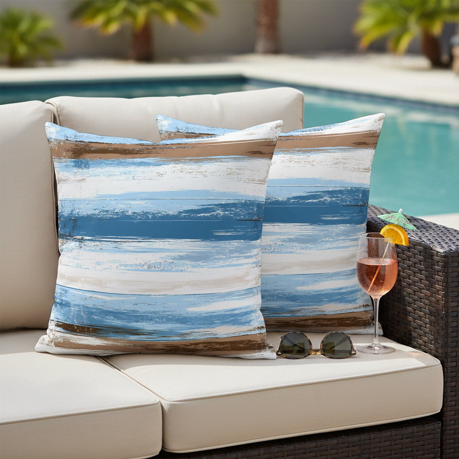 Blue Brown Outdoor Throw Pillow Covers Set of 2, Stitching Wood Grain ...