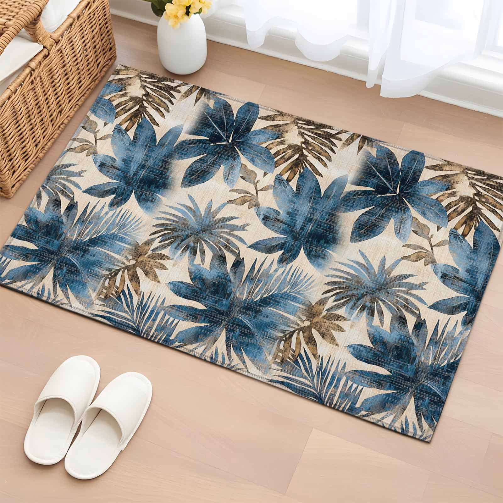 Blue Brown Palm Leaf Bathroom Mats 2x3 FT, Non Slip Small Kitchen Mat ...
