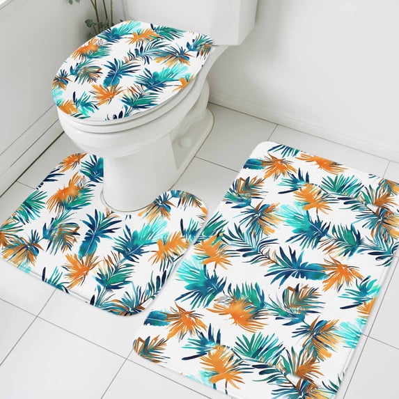 Blue Brown Palm Leaf Bathroom Rugs Set Tropical Plant Minimalist Style ...