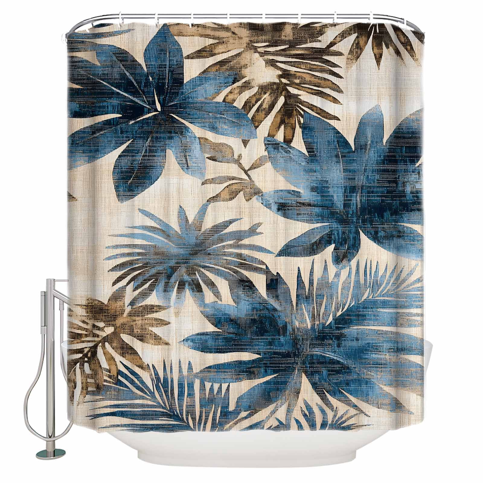 Blue Brown Palm Leaf Bathroom Shower Curtains with 12 Hooks Polyester ...