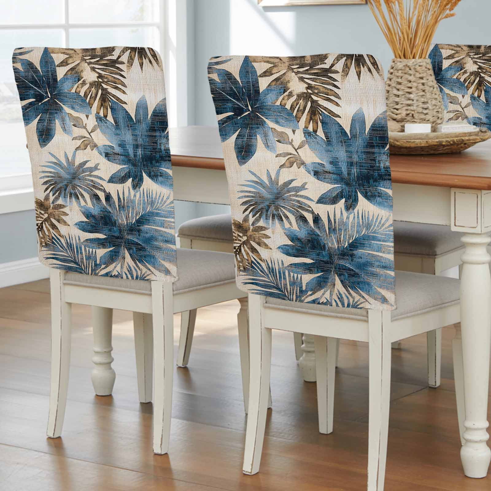 Blue Brown Palm Leaf Chair Back Covers, Rustic Summer Botanical Elegant ...