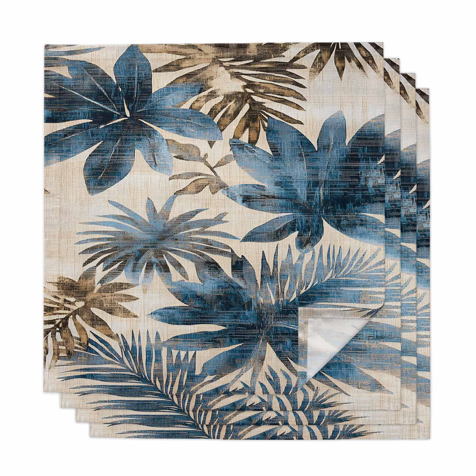Blue Brown Palm Leaf Cloth Napkins, Rustic Summer Botanical Elegant ...