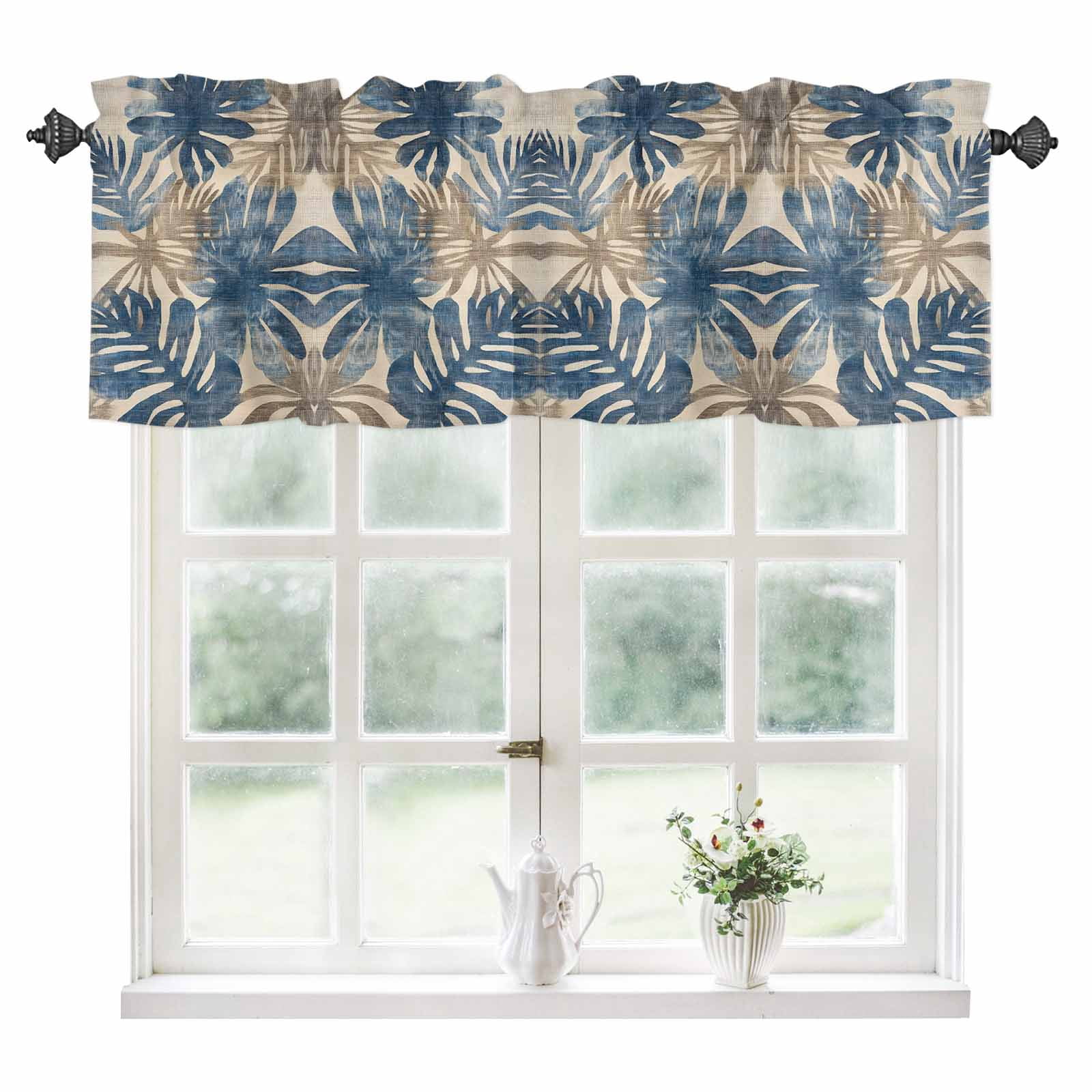 Blue Brown Palm Leaf Kitchen Valances for Windows 42x12 Inch Kitchen ...
