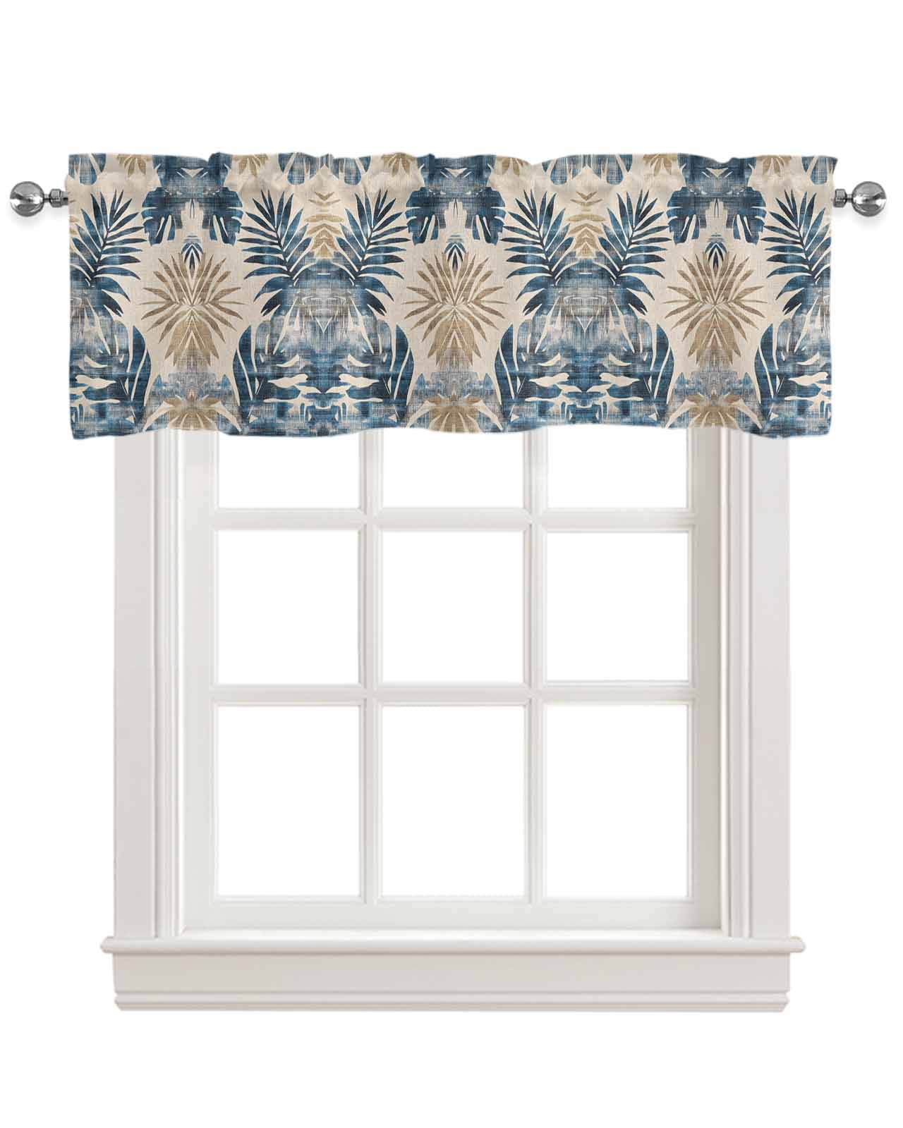 Blue Brown Palm Leaf Kitchen Valances for Windows Farmhouse Linen ...