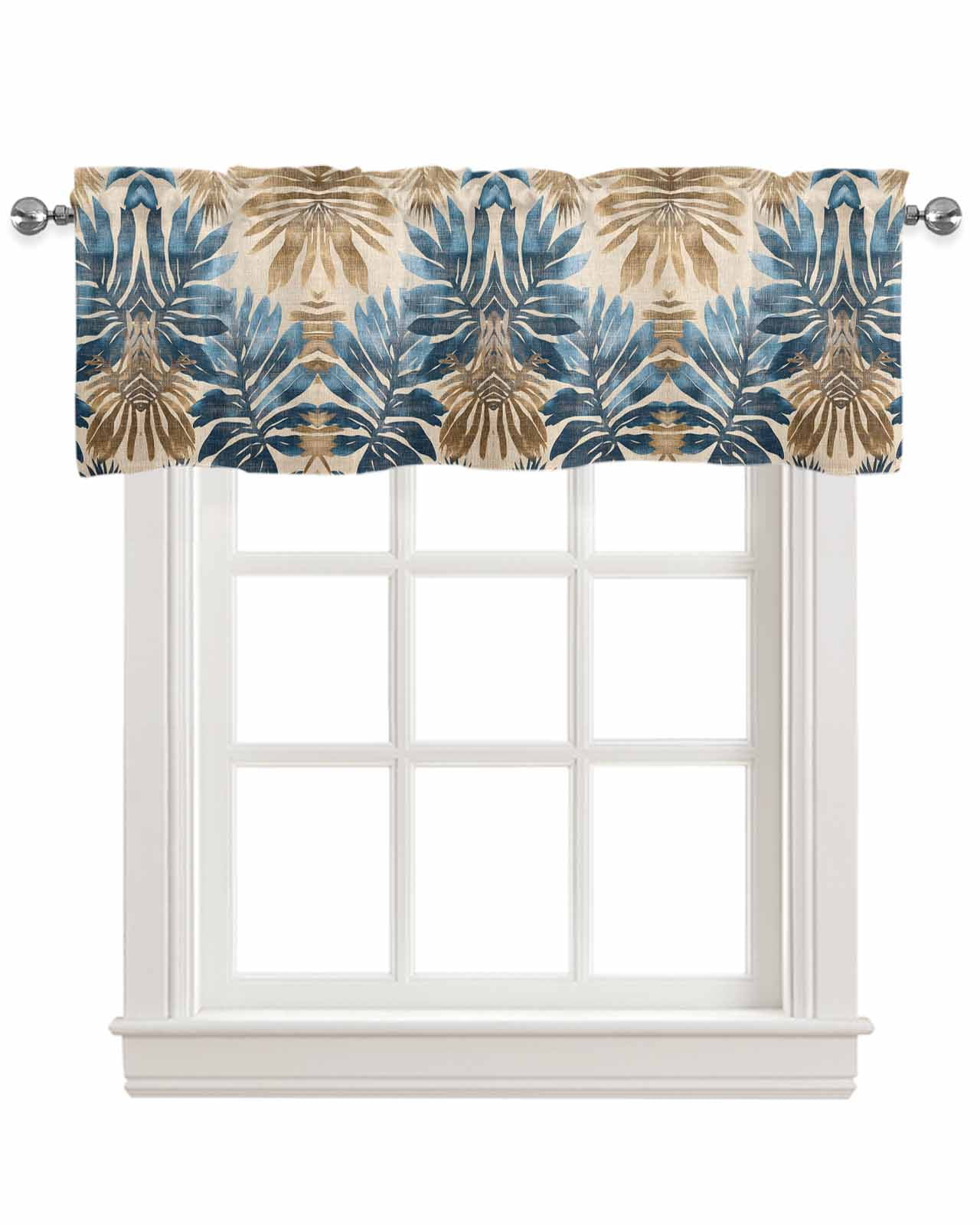 Blue Brown Palm Leaf Kitchen Valances for Windows Farmhouse Linen ...